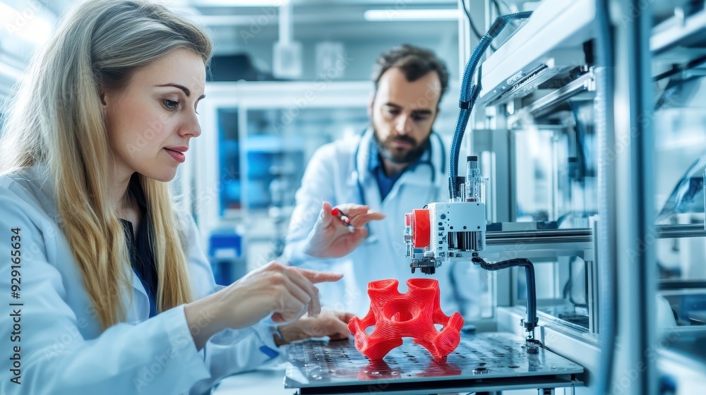 Two researchers focus on 3D printing a vibrant red object in a high ...
