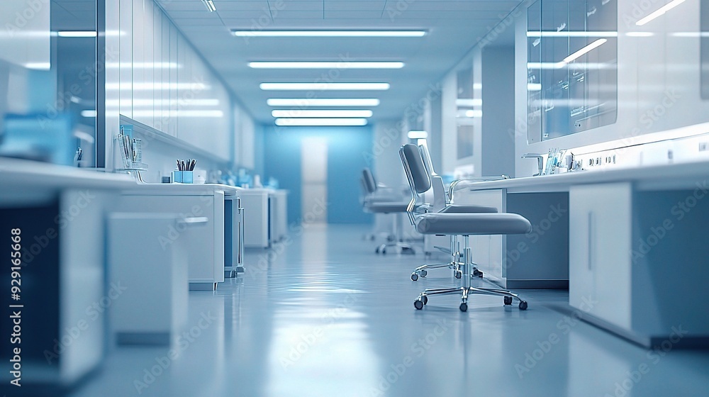 Sterile and Modern: A pristine laboratory corridor, bathed in cool blue ...