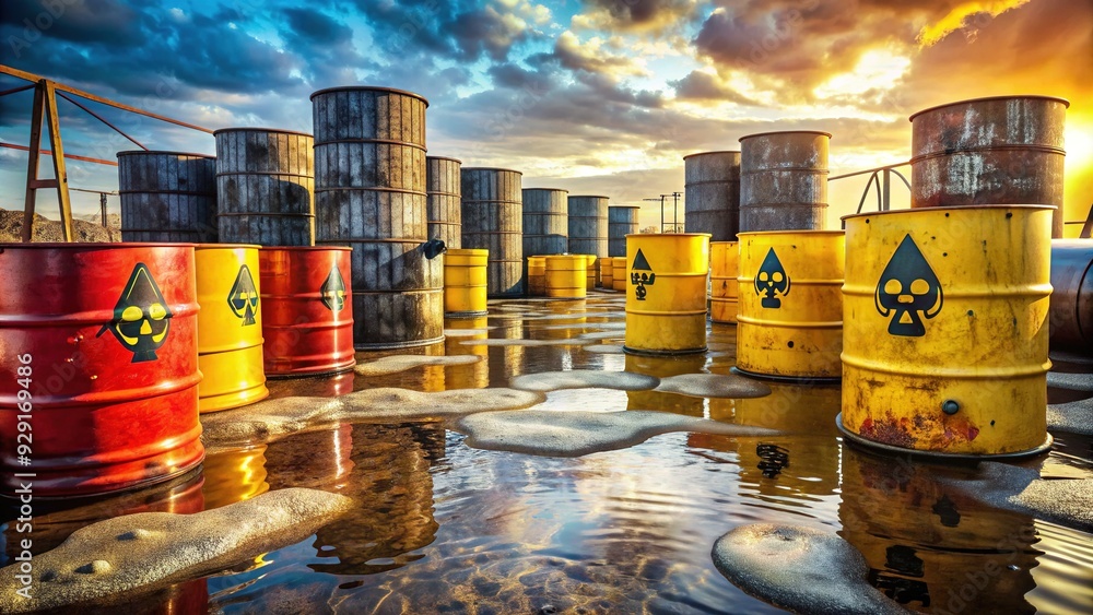 Toxic drums and barrels leaking harmful chemicals in a polluted ...