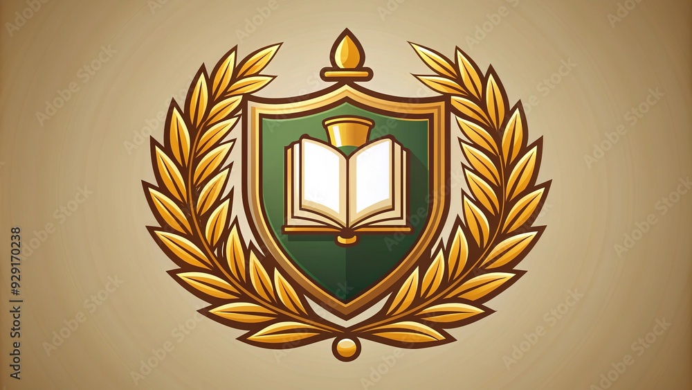 Traditional university crest featuring a bold shield with open book and ...