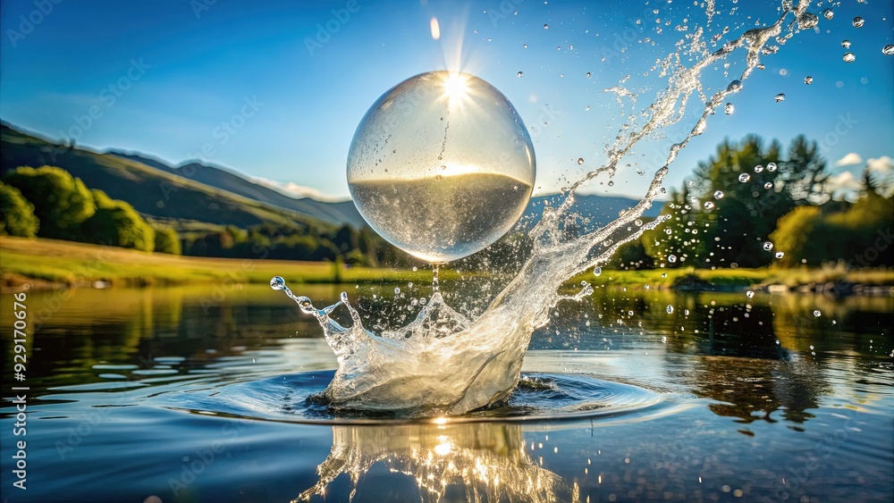 translucent water balloon explodes in mid-air, releasing a splash of ...