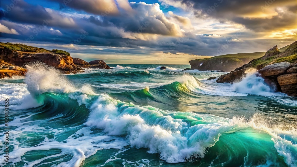 Turbulent whitewater churns backwards into a serene ocean bay, creating ...