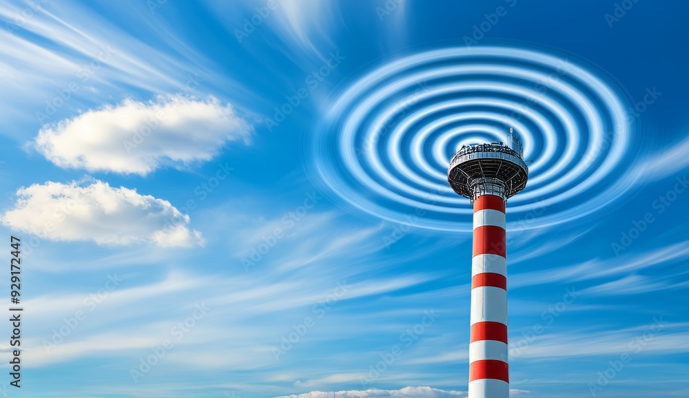 Telecommunication tower with antennas, blue sky and clouds, spiral ...