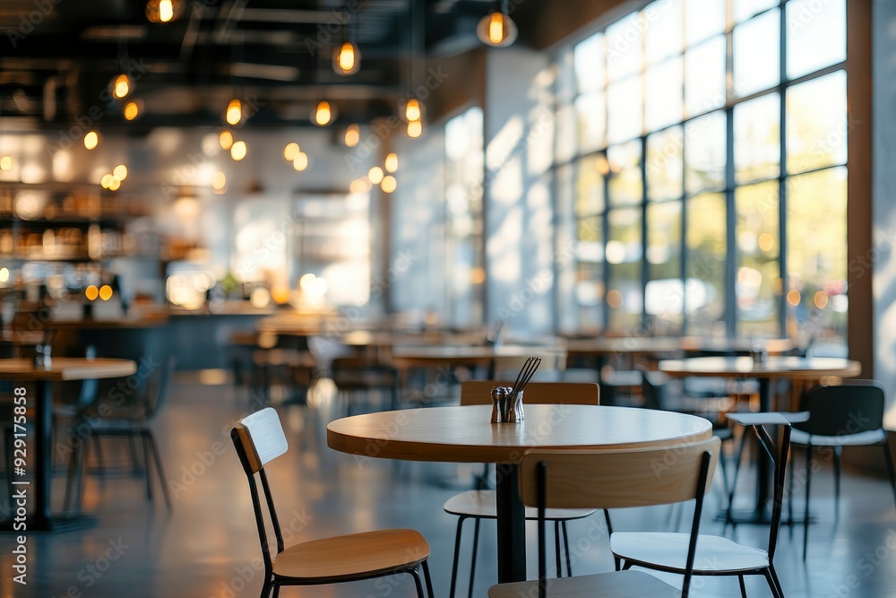 Blur background of modern cafeteria with industrial design, round ...