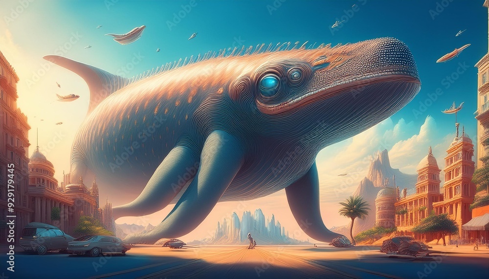 Gigantic Animals in Everyday Life- An oversized whale floating through ...