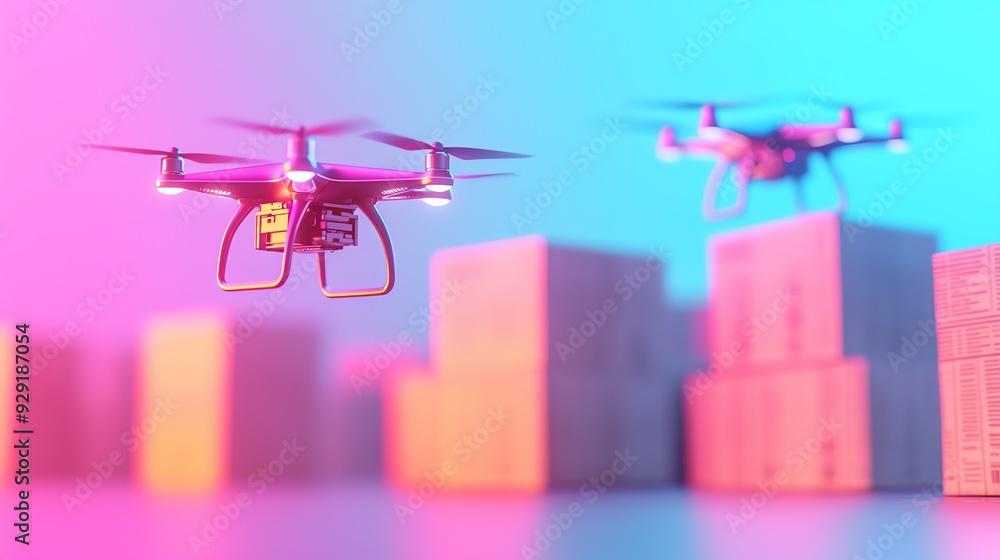 Colorful drones flying over stacked boxes, showcasing advanced shipping ...
