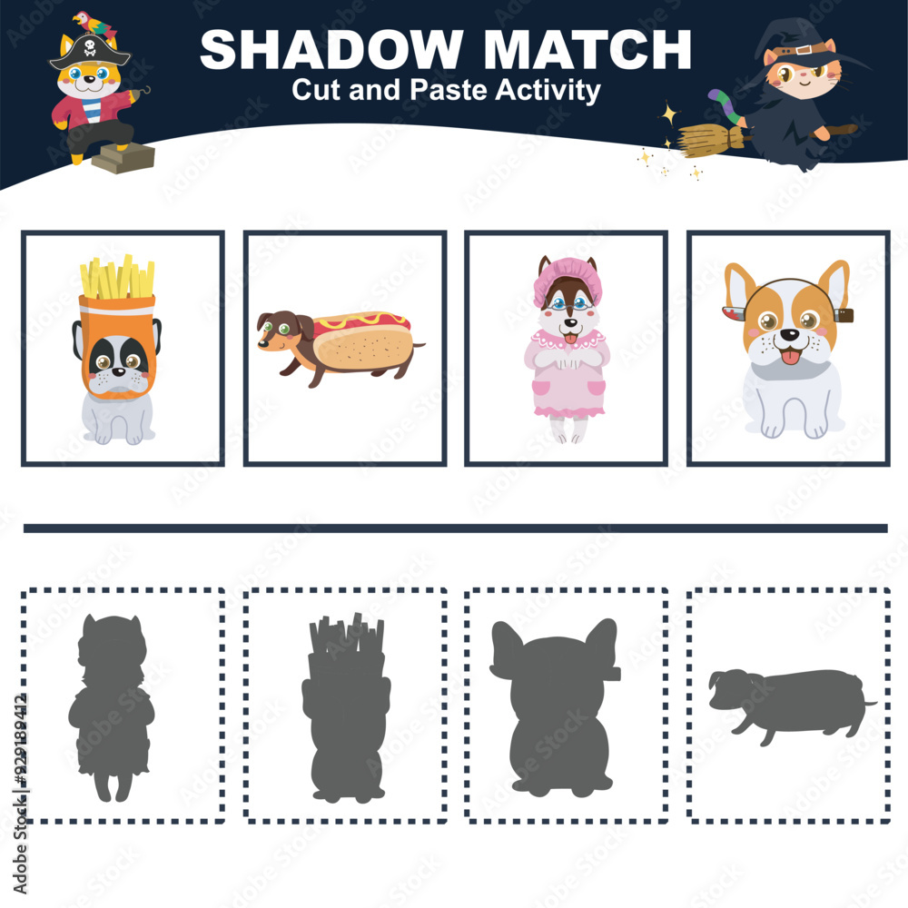 Cut the image in each box and glue it on each shadow. Find the correct ...