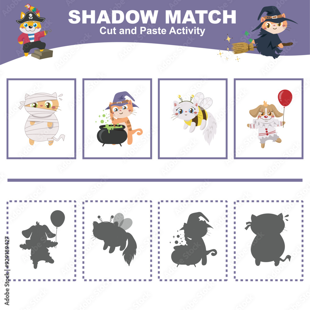 Cut the image in each box and glue it on each shadow. Find the correct ...