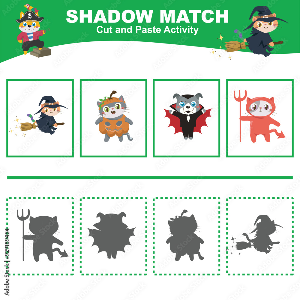 Cut the image in each box and glue it on each shadow. Find the correct ...