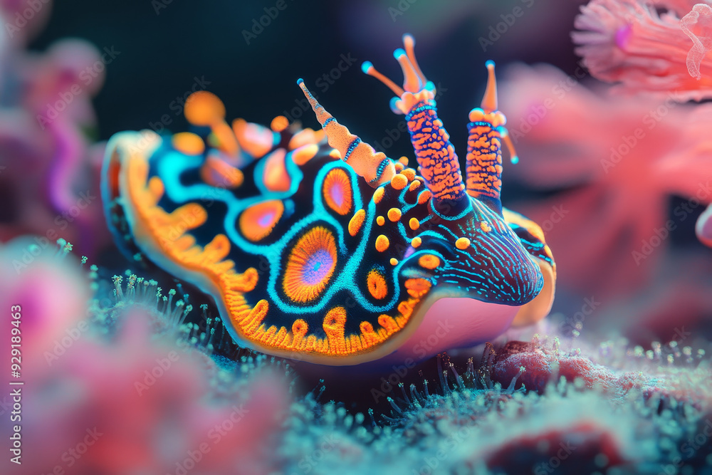 A colorful sea slug crawls on a vibrant coral reef, showcasing the ...