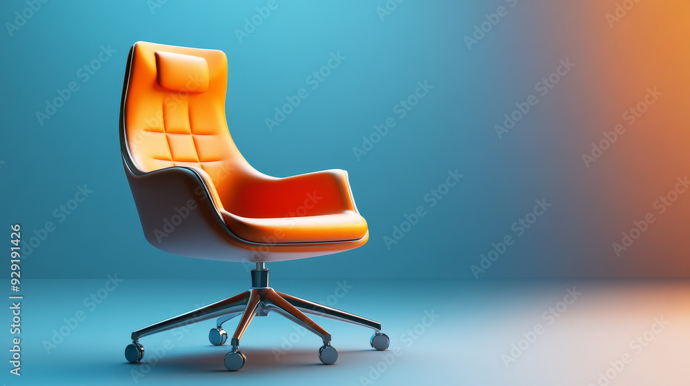 A modern office chair in a vibrant orange hue stands on a minimalist ...