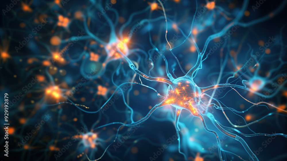 Detailed Representation Of Activated Neural Network Of The Brain Glowing Neurons Firing In The