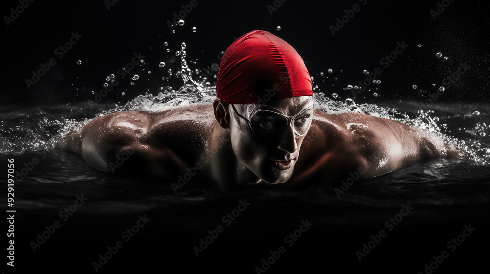 Olympic swimmer in the swimming pool. Strong male swimmer with intense ...