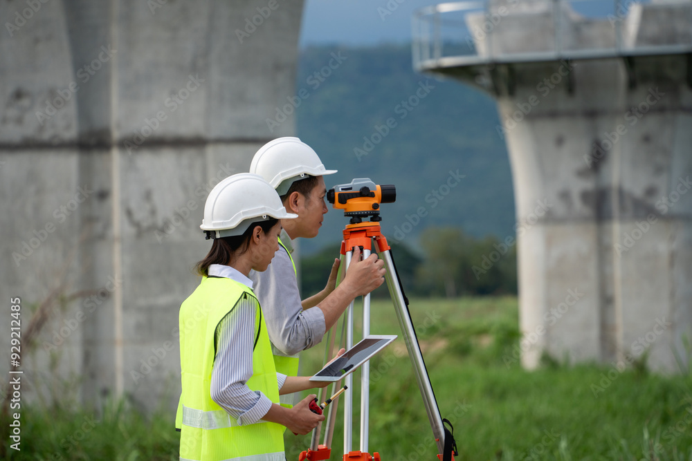 Survey team is working with a theodolite and road construction plans ...