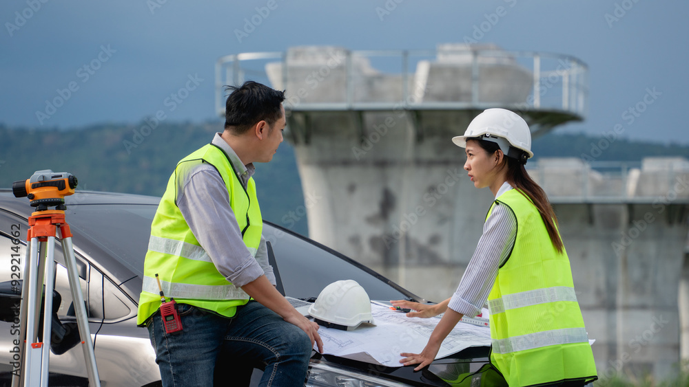 Survey team is working with a theodolite and road construction plans ...
