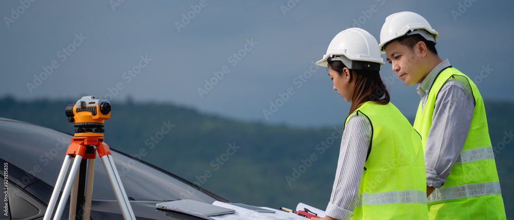 Survey team is working with a theodolite and road construction plans ...
