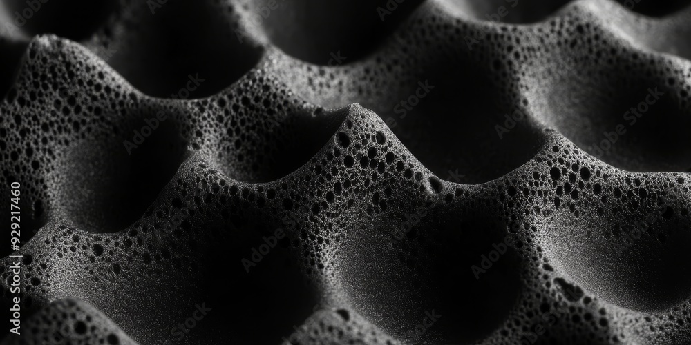 This is a detailed view of a textured piece of black polystyrene foam ...