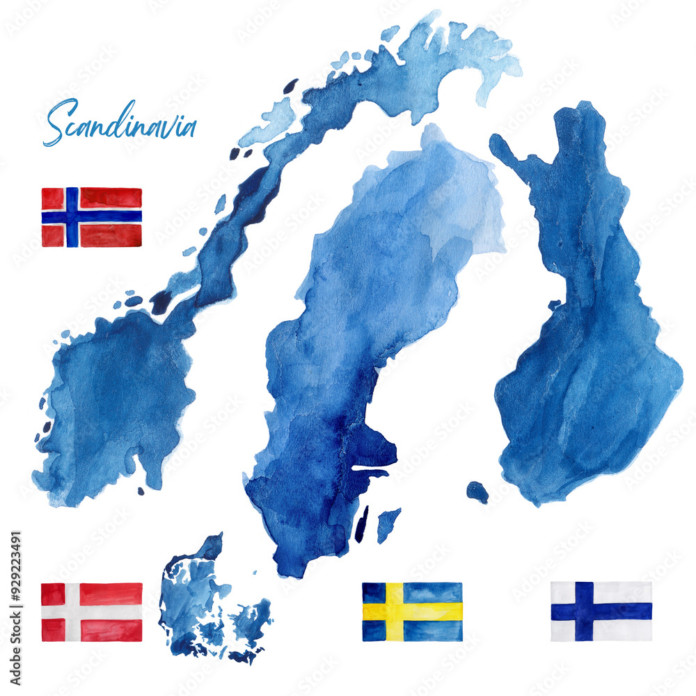 Watercolor illustration of a Scandinavian countres Norway, Sweden ...