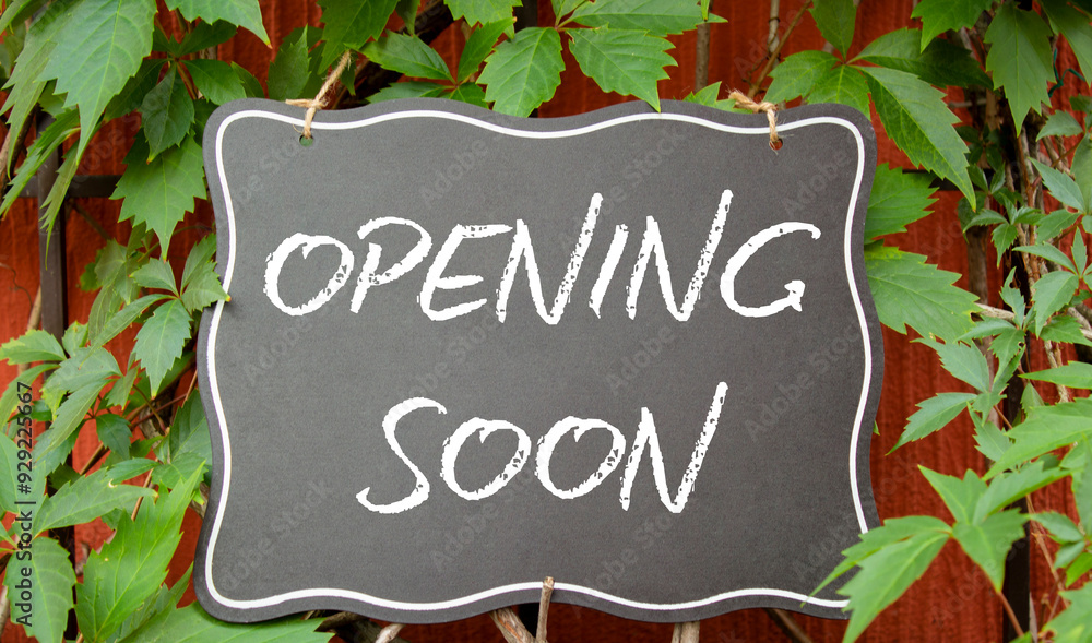 Opening soon symbol. Concept word Opening soon on black chalk ...