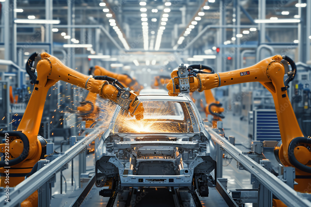Car manufactory, robot assembly line in car factory. Modern vehicle ...