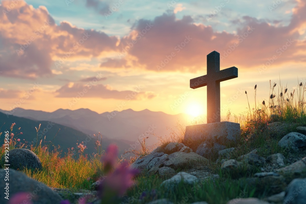 Easter and Good Friday concept, Empty tombstone with cross on mountain ...