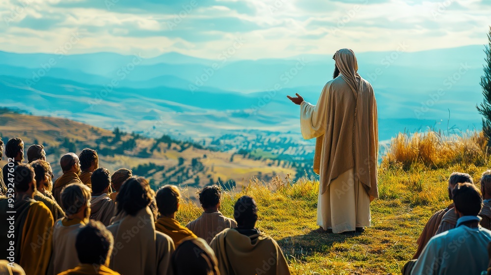 Serene portrayal of Jesus delivering the Sermon on the Mount, speaking ...