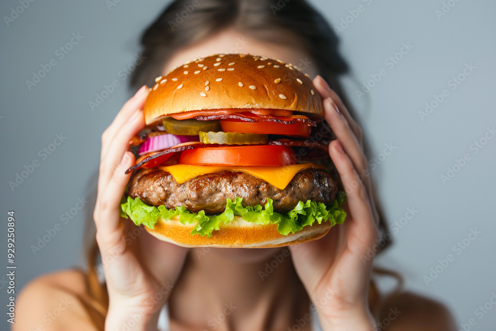 Woman eating giant fast food hamburger. Girl hiding her face behind big ...