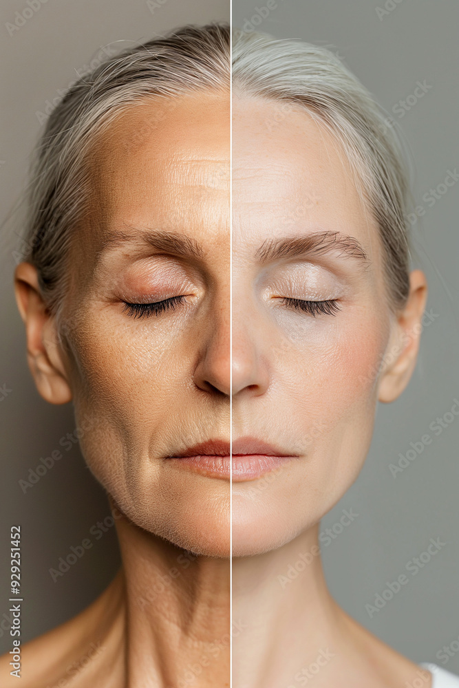 Woman posing before and after facelift. Face fitness results, plastic ...