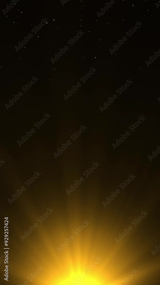 Gold volumetric shimmering light from bottom on dark background, empty ...