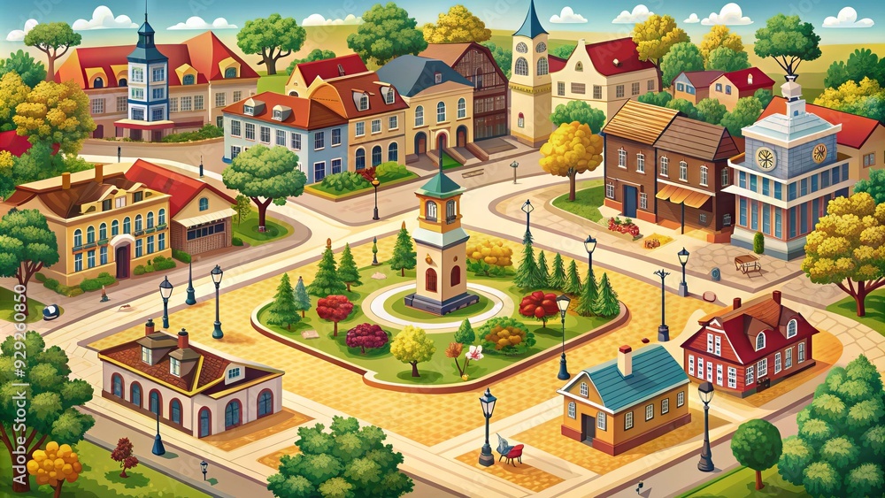 Vintage-style illustrated map of quaint town center, featuring colorful ...