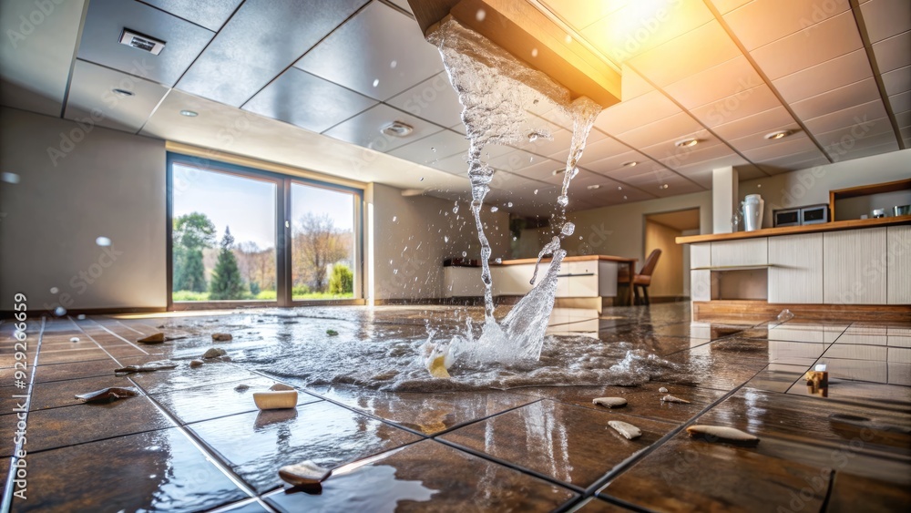 Water droplets falling from the ceiling, forming a puddle on the floor ...