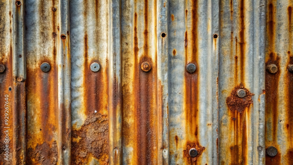Weathered corrugated steel sheet with rusted texture, faded bolts, and ...