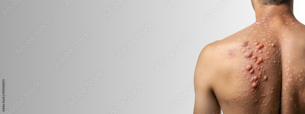 Male back affected by blistering rash because of monkeypox or other ...