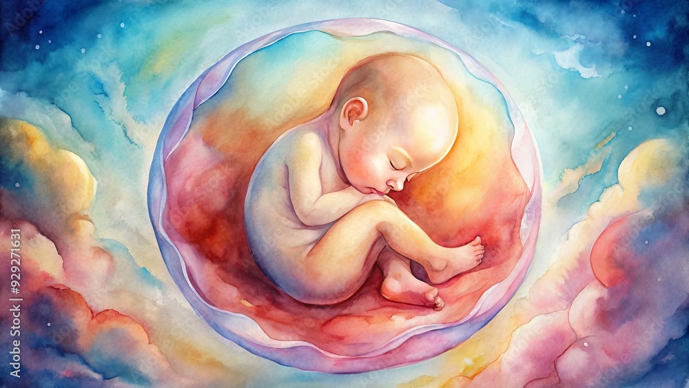 Whimsical watercolor artwork of a fetus in the womb, surrounded by soft ...