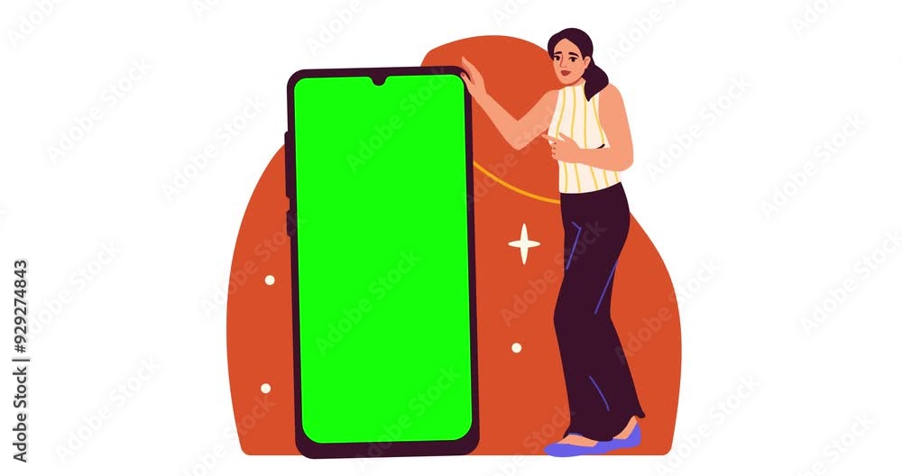 Person showing smartphone. Moving banner with happy woman pointing at ...