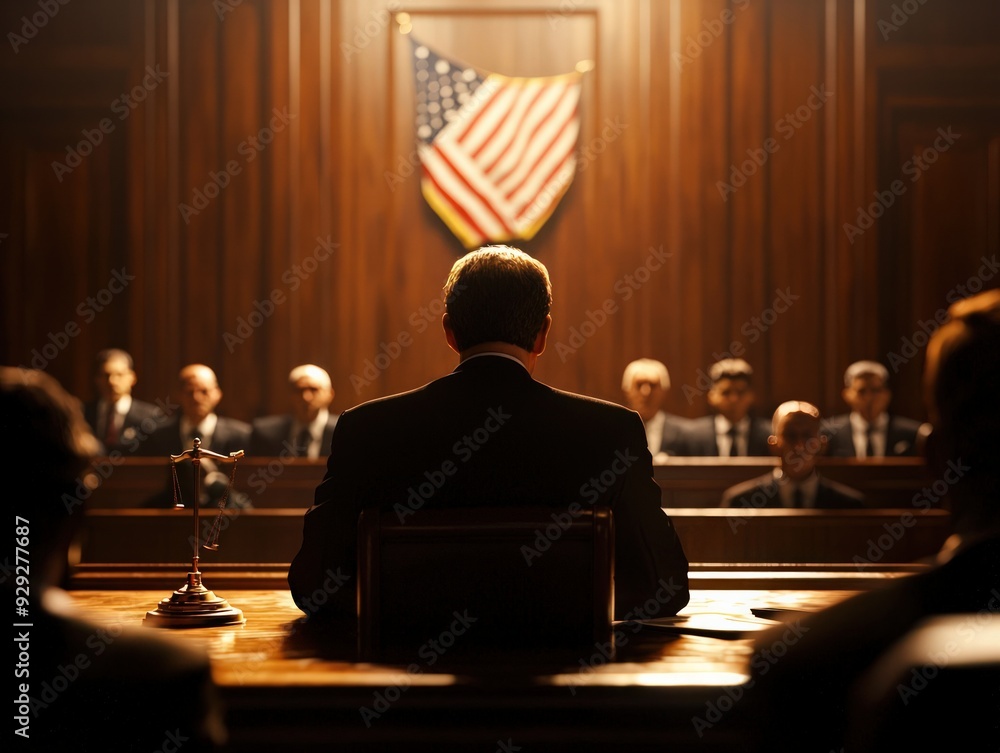 A dramatic courtroom scene featuring a judge presiding over a legal ...