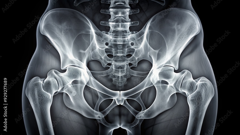 X-ray image of human pelvis showing hip bone structure, joint socket ...