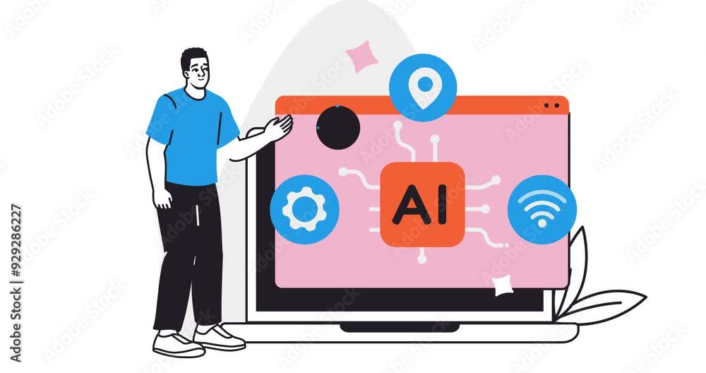 Artificial intelligence. Moving banner with male programmer standing ...