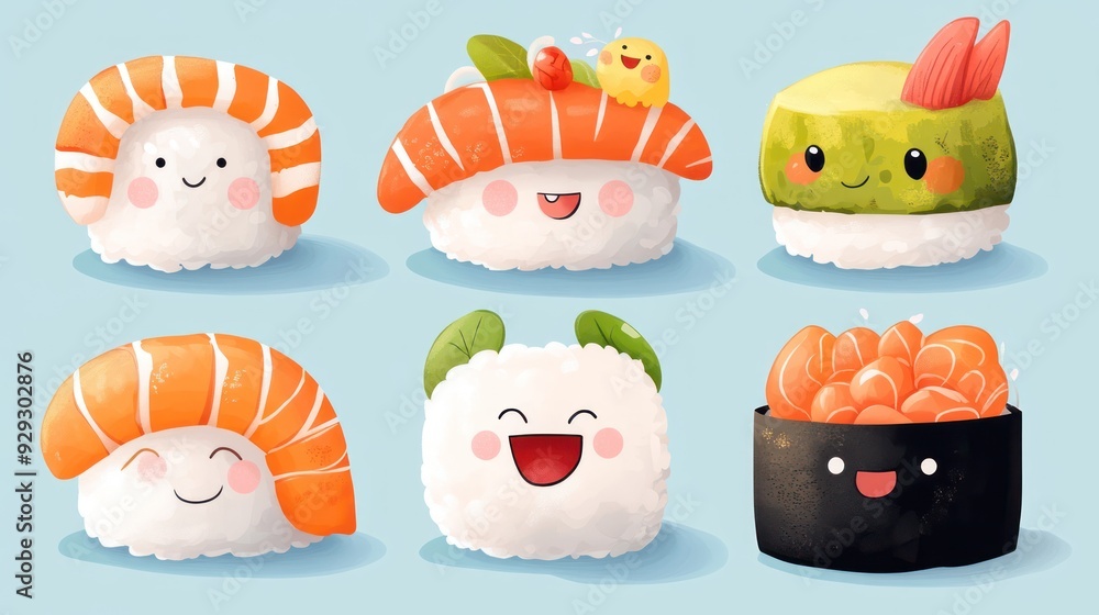 Colorful and cute cartoon sushi characters, each with unique ...