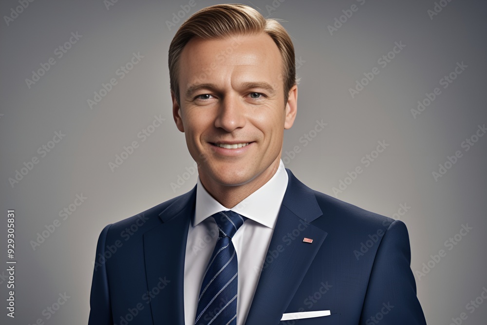 Portrait of a charismatic politician with a gentle smile and tailored ...