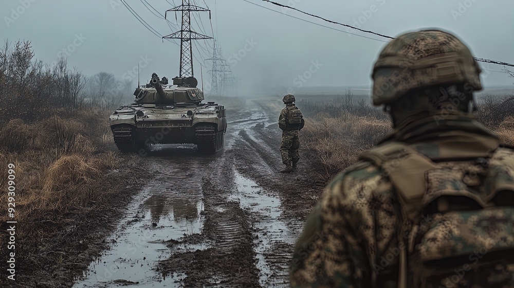 Epic Military Scene: Soldiers in Combat Gear Gazing at a Tank on a ...