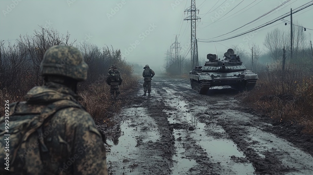 Epic Military Scene: Soldiers in Combat Gear Gazing at a Tank on a ...
