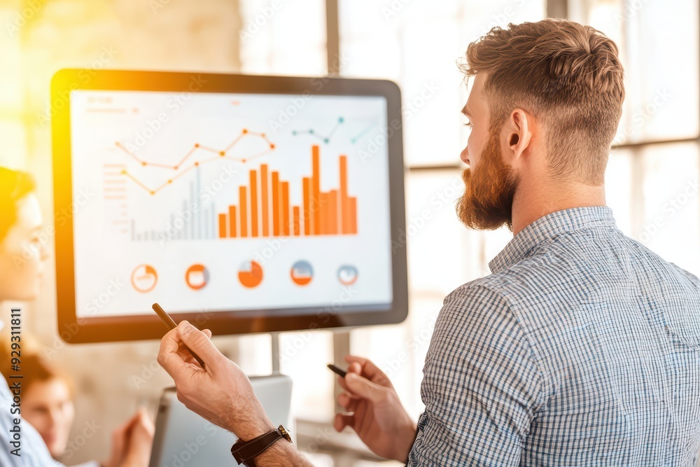 Professional man analyzing data on a digital screen, showcasing ...