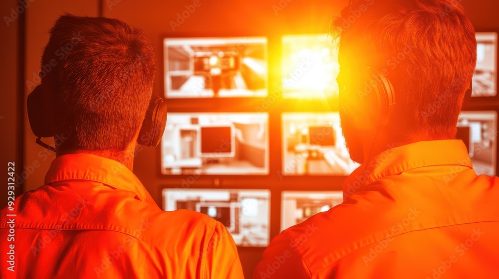 Two operators monitor surveillance feeds in a control room, illuminated ...