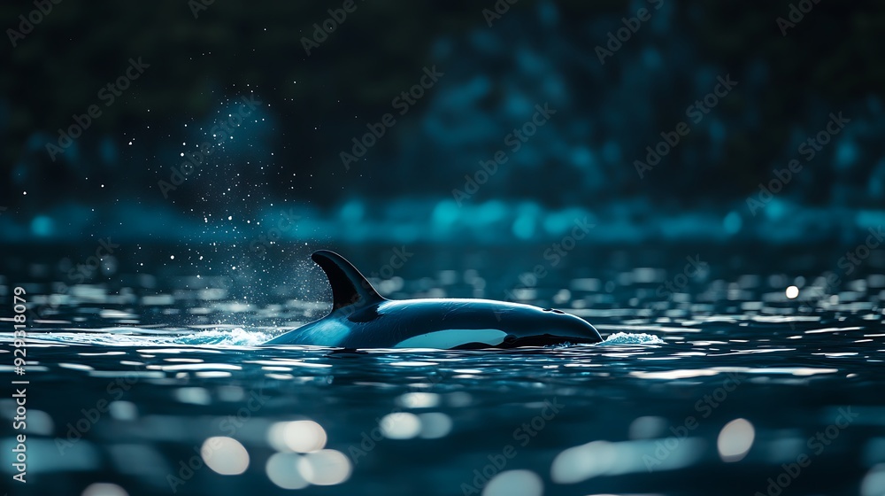 An orca swims through blue water, its dorsal fin cutting through the ...