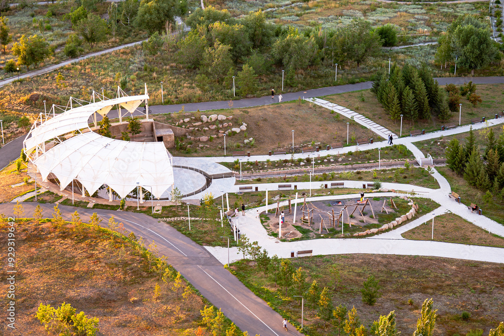 Bird's-eye view of a modern park with an amphitheater, walking paths ...