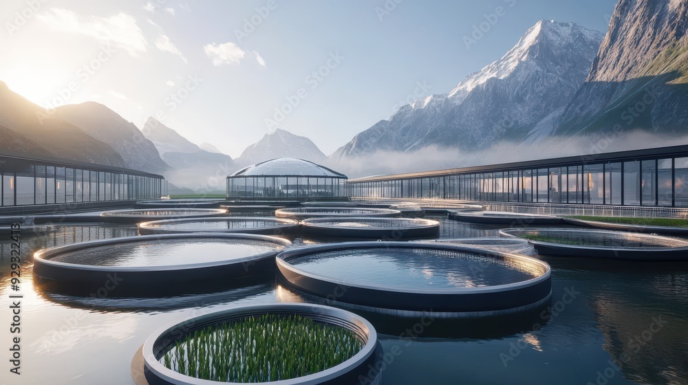 Automated feeding system in a modern fish farm surrounded by mountains ...