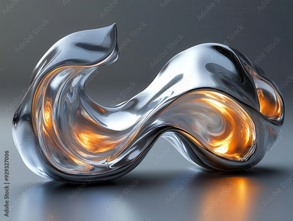 3d rendering of a stylized flame icon in liquid chrome sleek flowing ...