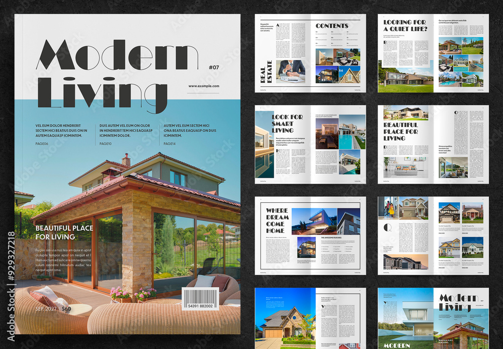 Modern Living Real Estate Magazine Layout Stock Template | Adobe Stock