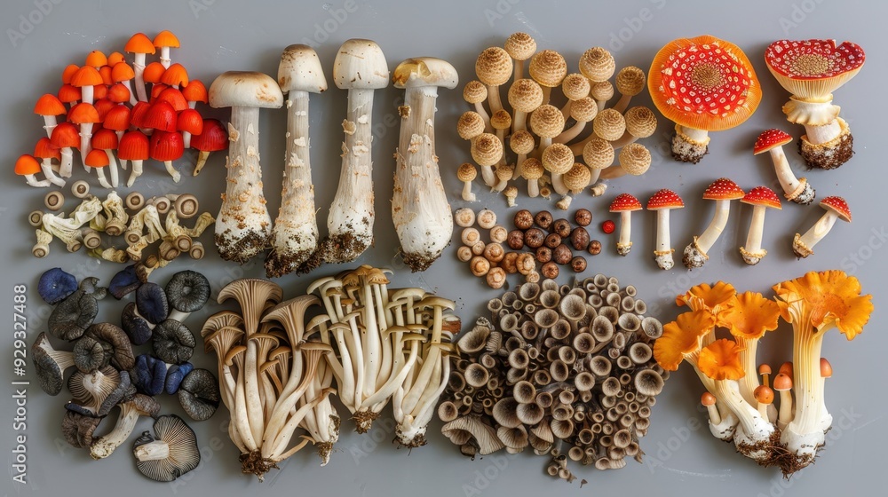 Various types of mushrooms arranged on a table with vibrant colors and ...